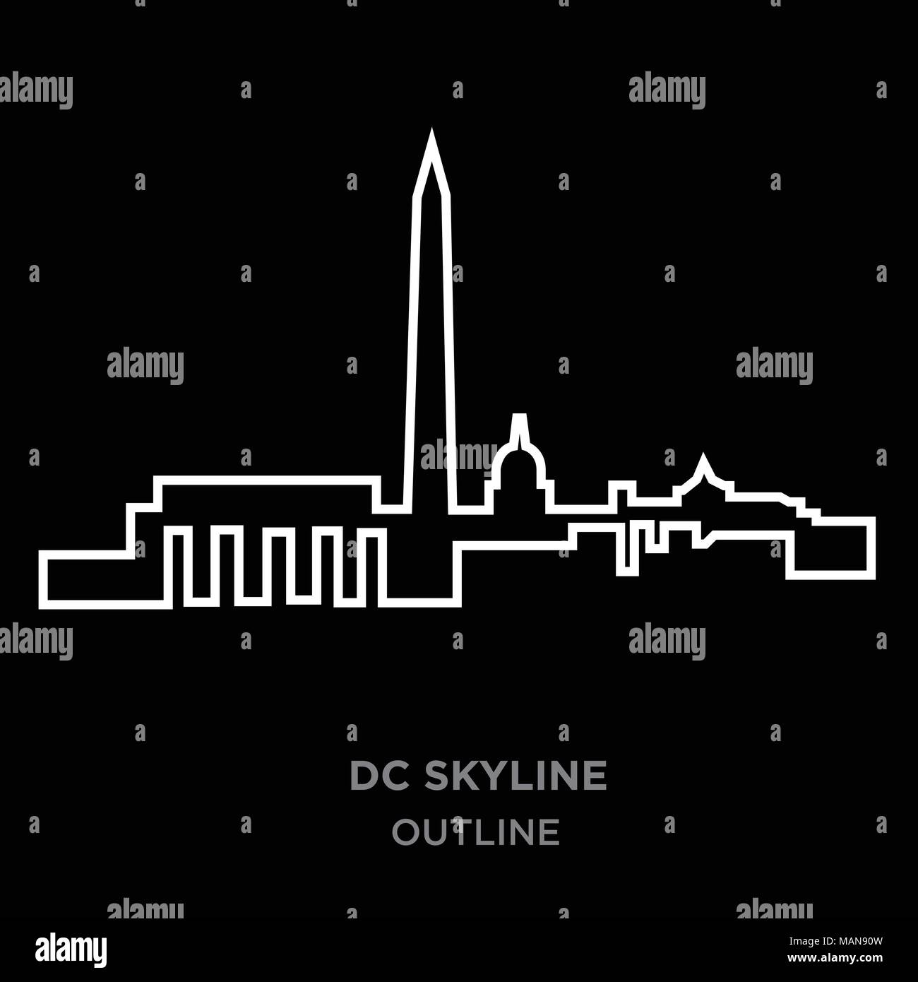white border dc skyline outline on black background, vector ...