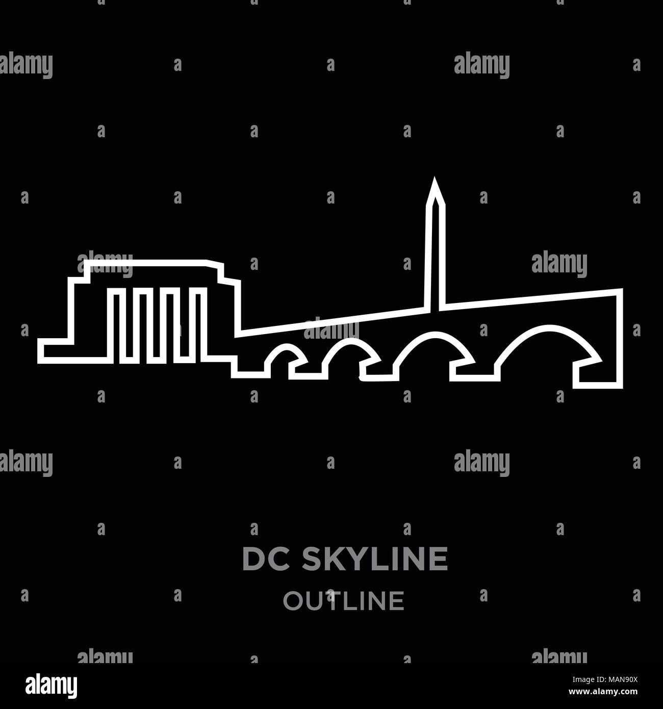 white border dc skyline outline on black background, vector ...