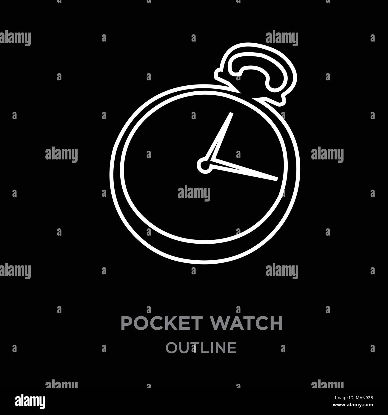 white border pocket watch outline on black background, vector ...