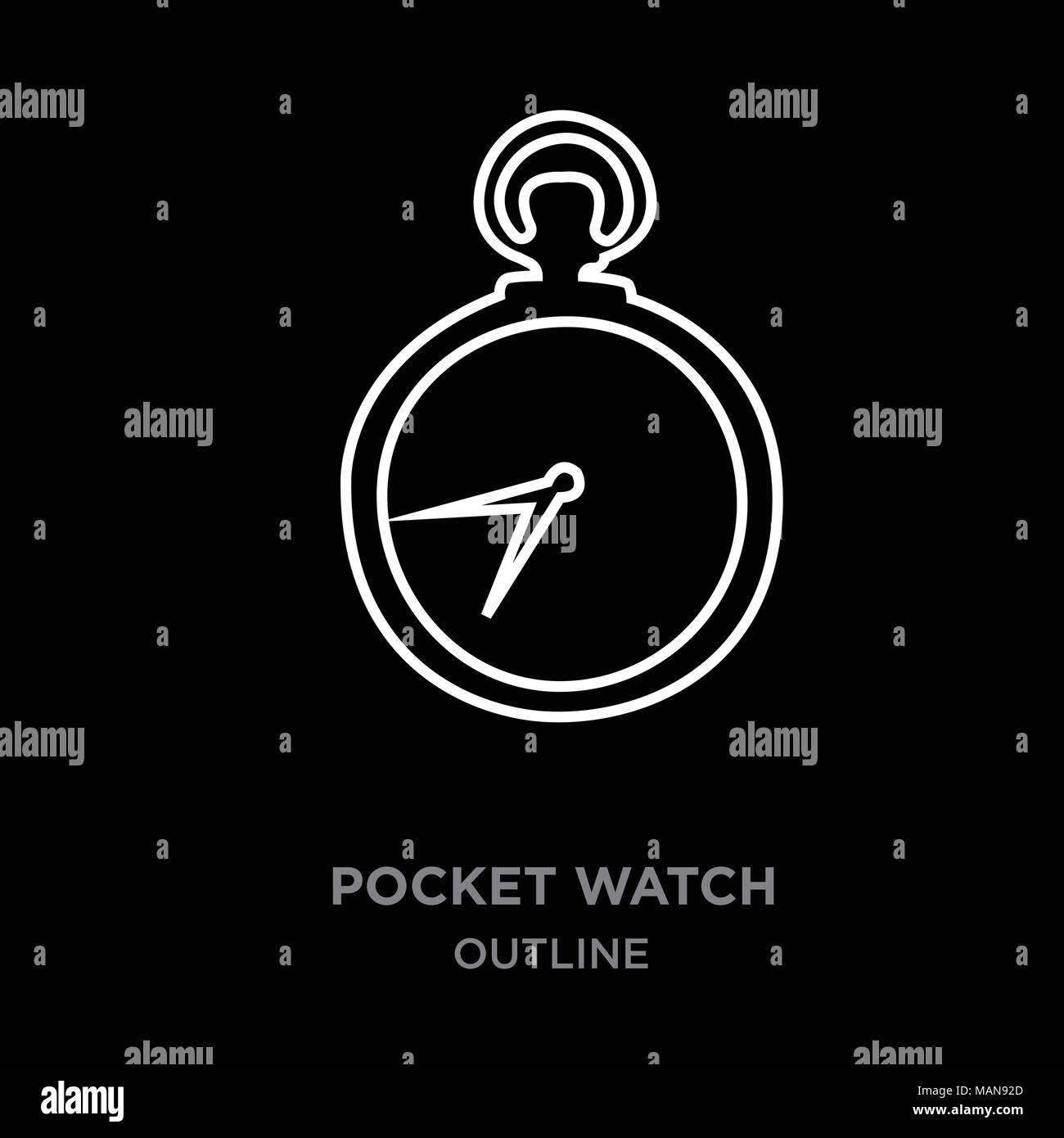 white border pocket watch outline on black background, vector ...