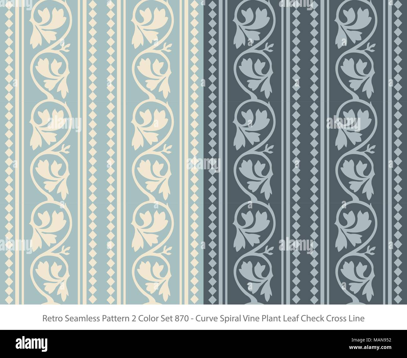 Retro Seamless Background 2 Color Set Curve Spiral Vine Plant Leaf Check Cross Line Stock Vector ...