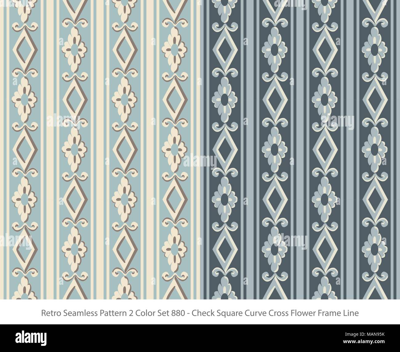 Retro Seamless Background 2 Color Set Check Square Curve Cross Flower Frame Line Stock Vector ...