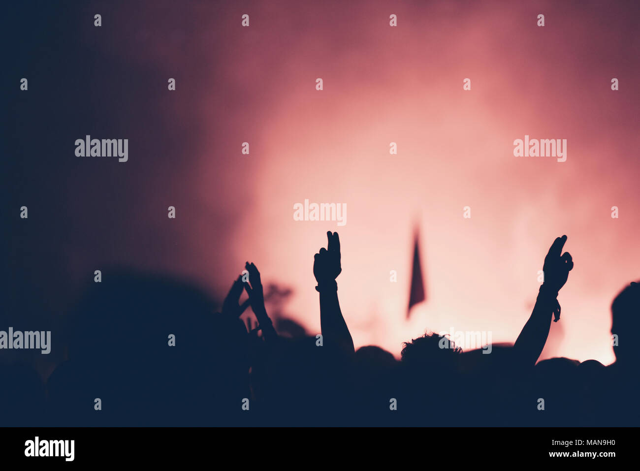 Silhouette of crowd at concert with raised arms Stock Photo - Alamy