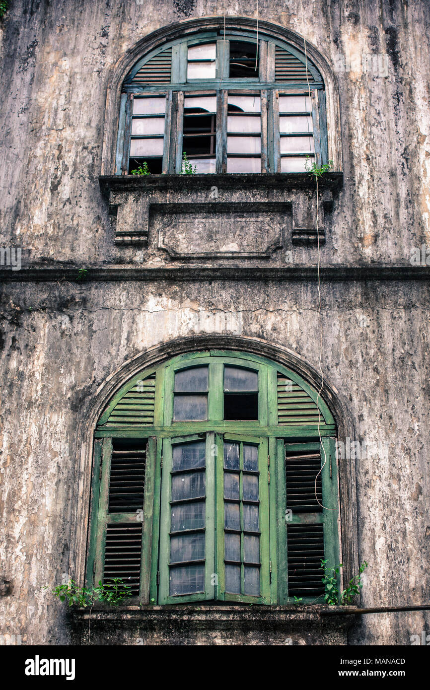 Old colonial window wooden architecture in Yangon Myanmar Burma South ...