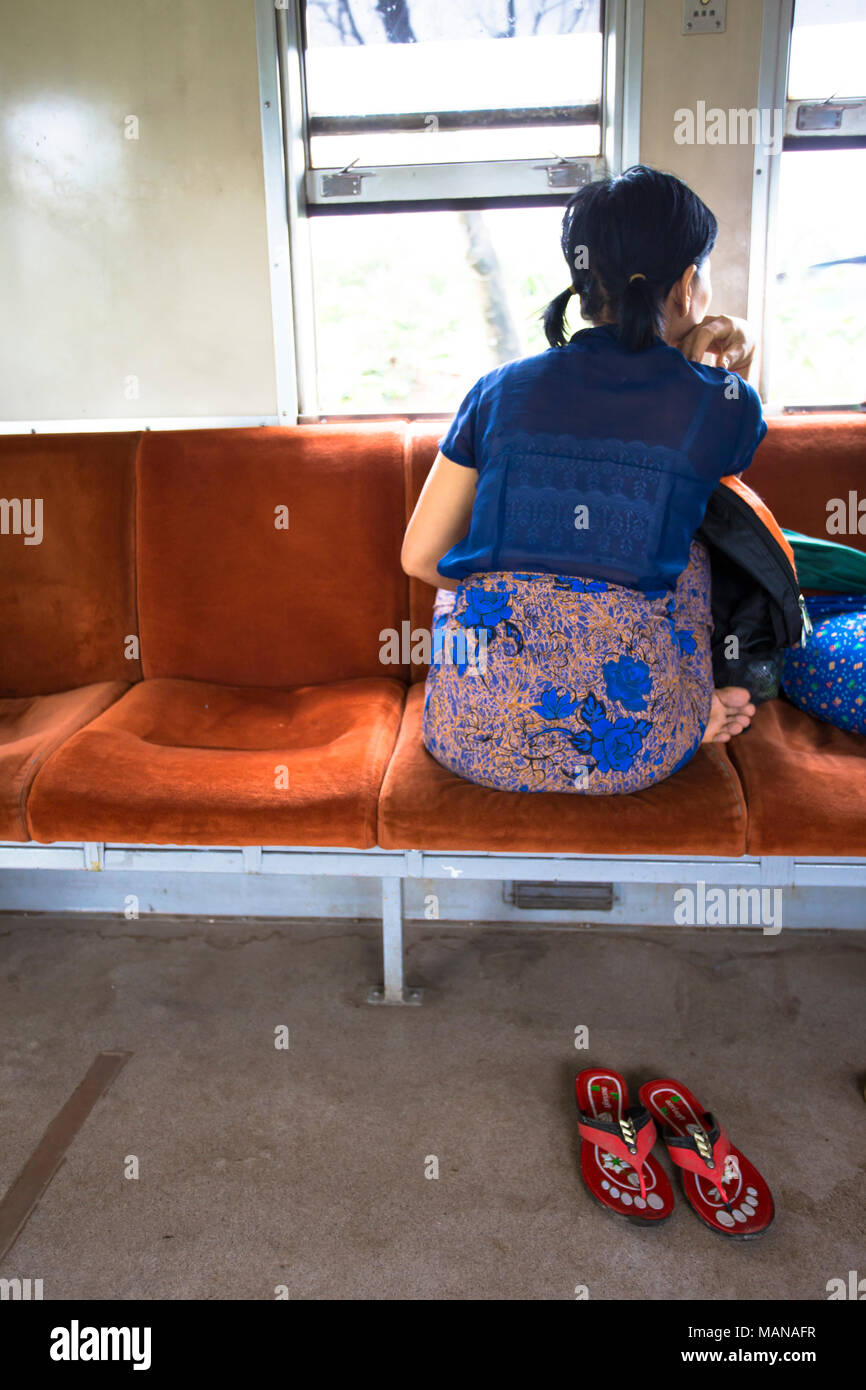 Woman Looking Out Of Train Window Life Onboard Yangon Circular Train