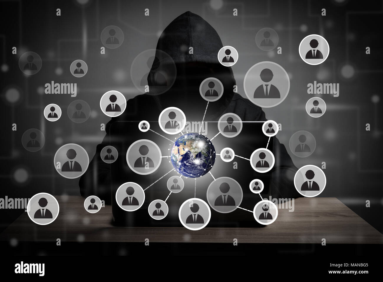 Image of hacker man with people icon and code around on screen Stock ...