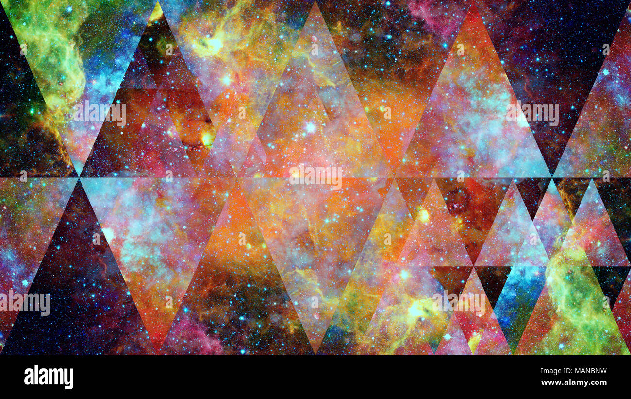 Image of the nebula, galaxy and the sacred geometry collage. Abstract ...