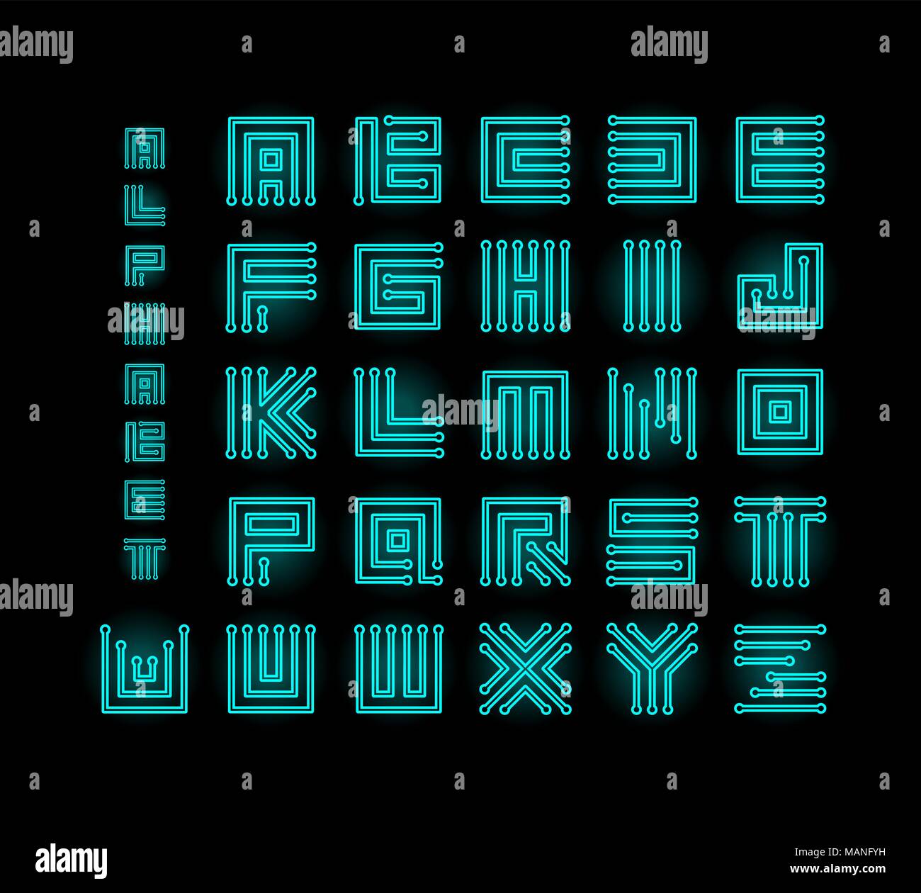 Tech ront, technology vector alphabet, chipset stylized letters, cpu ...