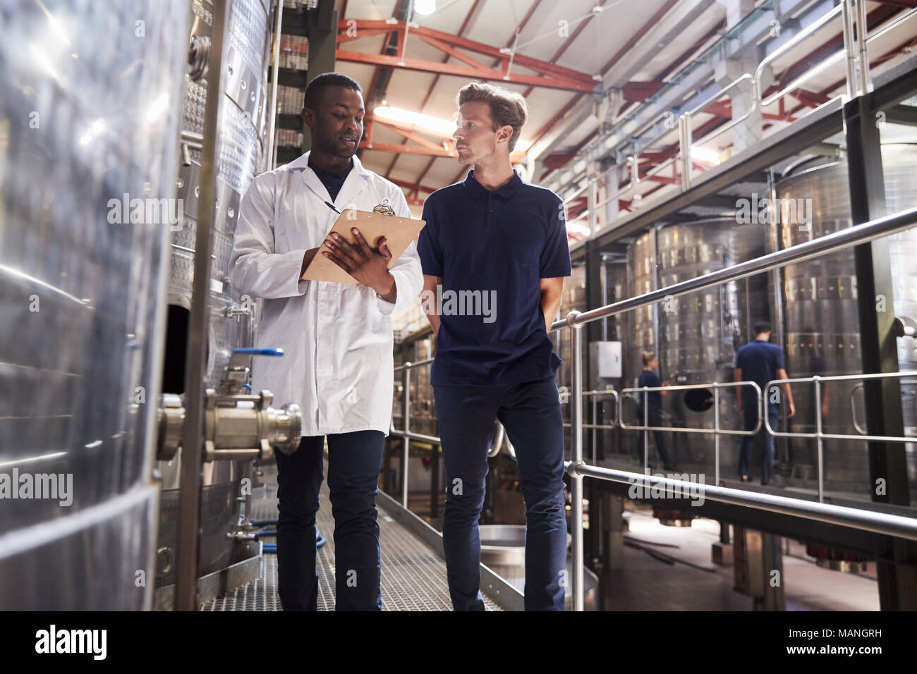 Two male staff members make an inspection at a wine factory Stock Photo ...