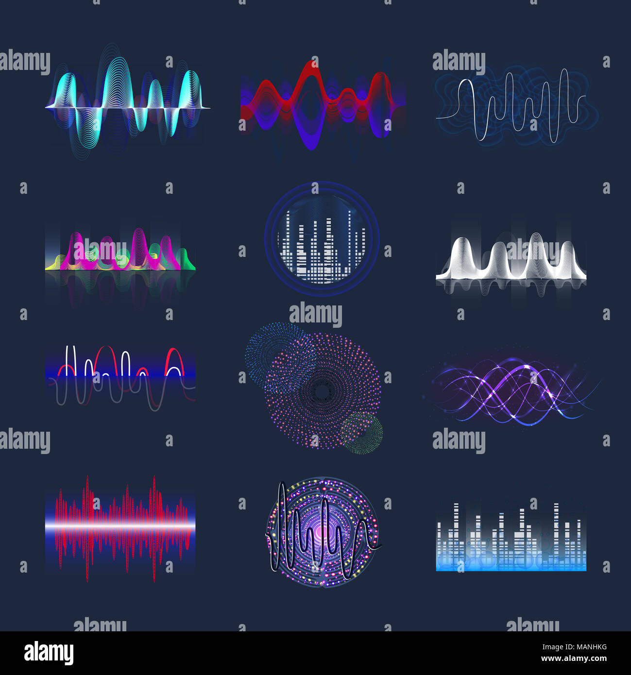 Set of Futuristic sound equalizer or audio waves. Set of hud effects ...