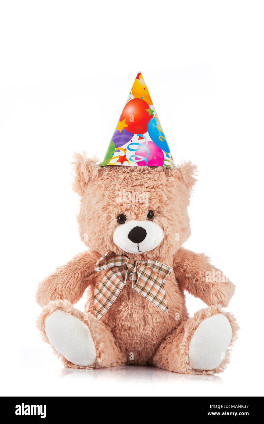 Party Teddy bear on white background Stock Photo - Alamy