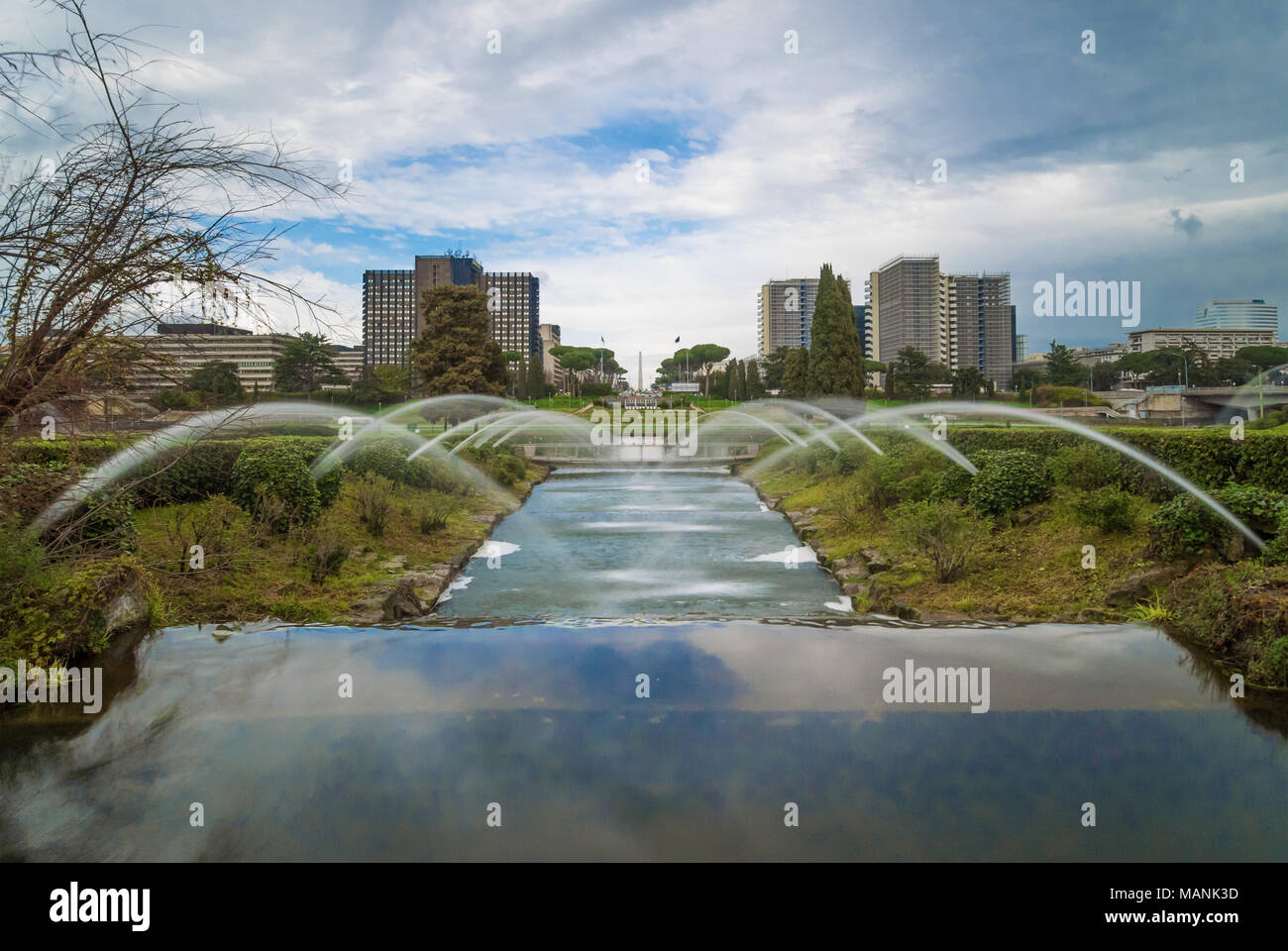 Rome, Italy - The artificial waterfall in the big fountain of EUR ...