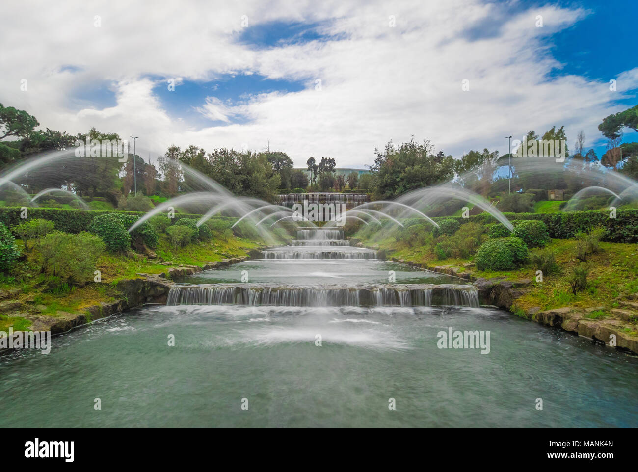 Rome, Italy - The artificial waterfall in the big fountain of EUR ...