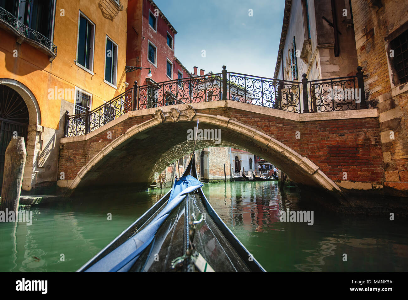 Venice, Italy. View from gondola during the ride through the canals ...