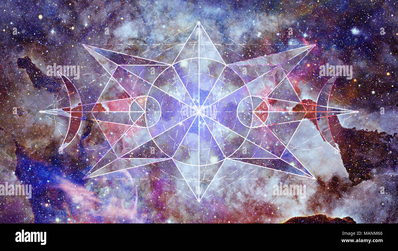 Abstract cosmos geometric background with polygons, triangles, stars ...