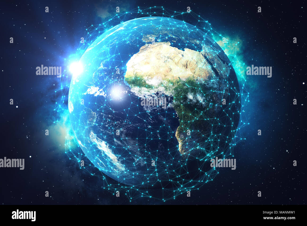 3D rendering Network and data exchange over planet earth in space ...