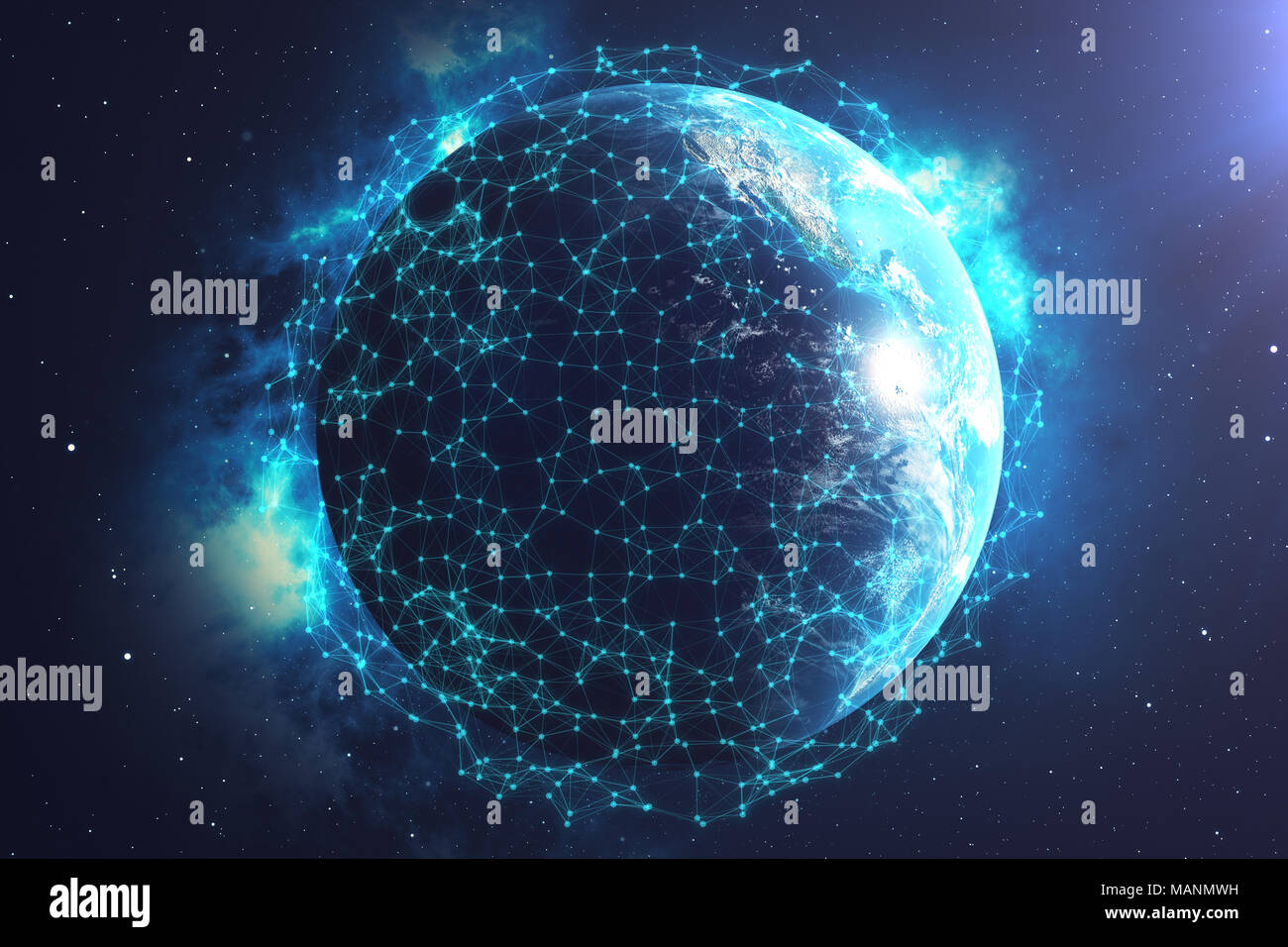 3D rendering Network and data exchange over planet earth in space ...
