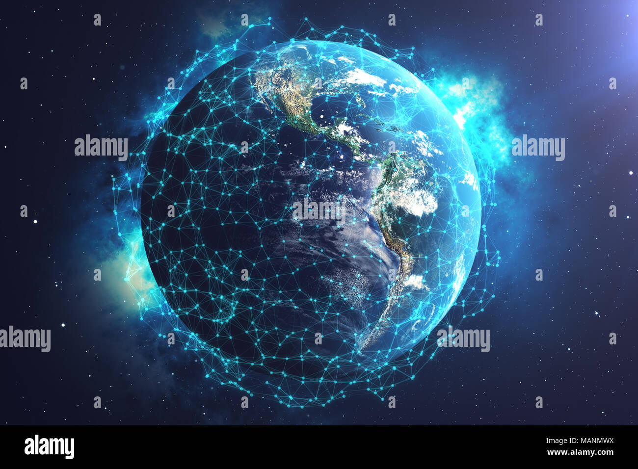 3D rendering Network and data exchange over planet earth in space ...