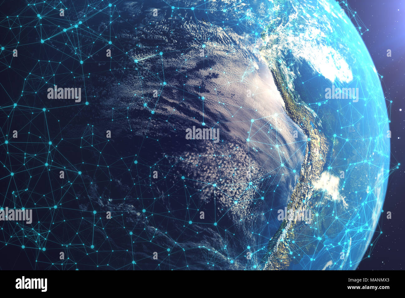 3D rendering Network and data exchange over planet earth in space ...
