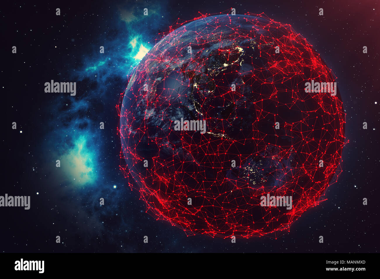 3D rendering Network and data exchange over planet earth in space. The ...