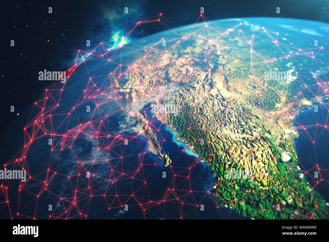 3D rendering Network and data exchange over planet earth in space. The ...