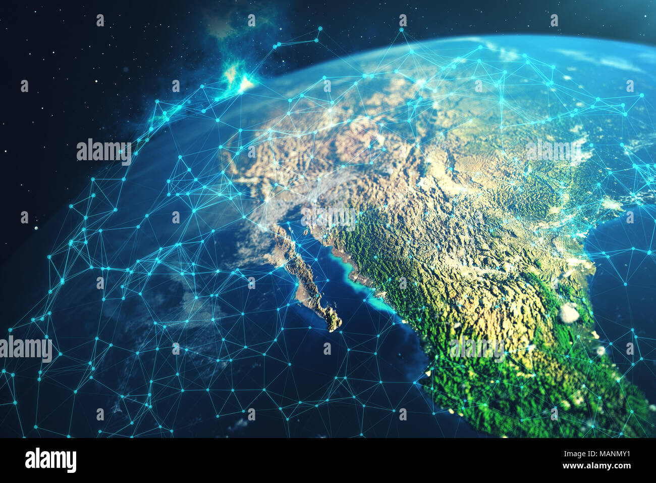 3D rendering Network and data exchange over planet earth in space ...