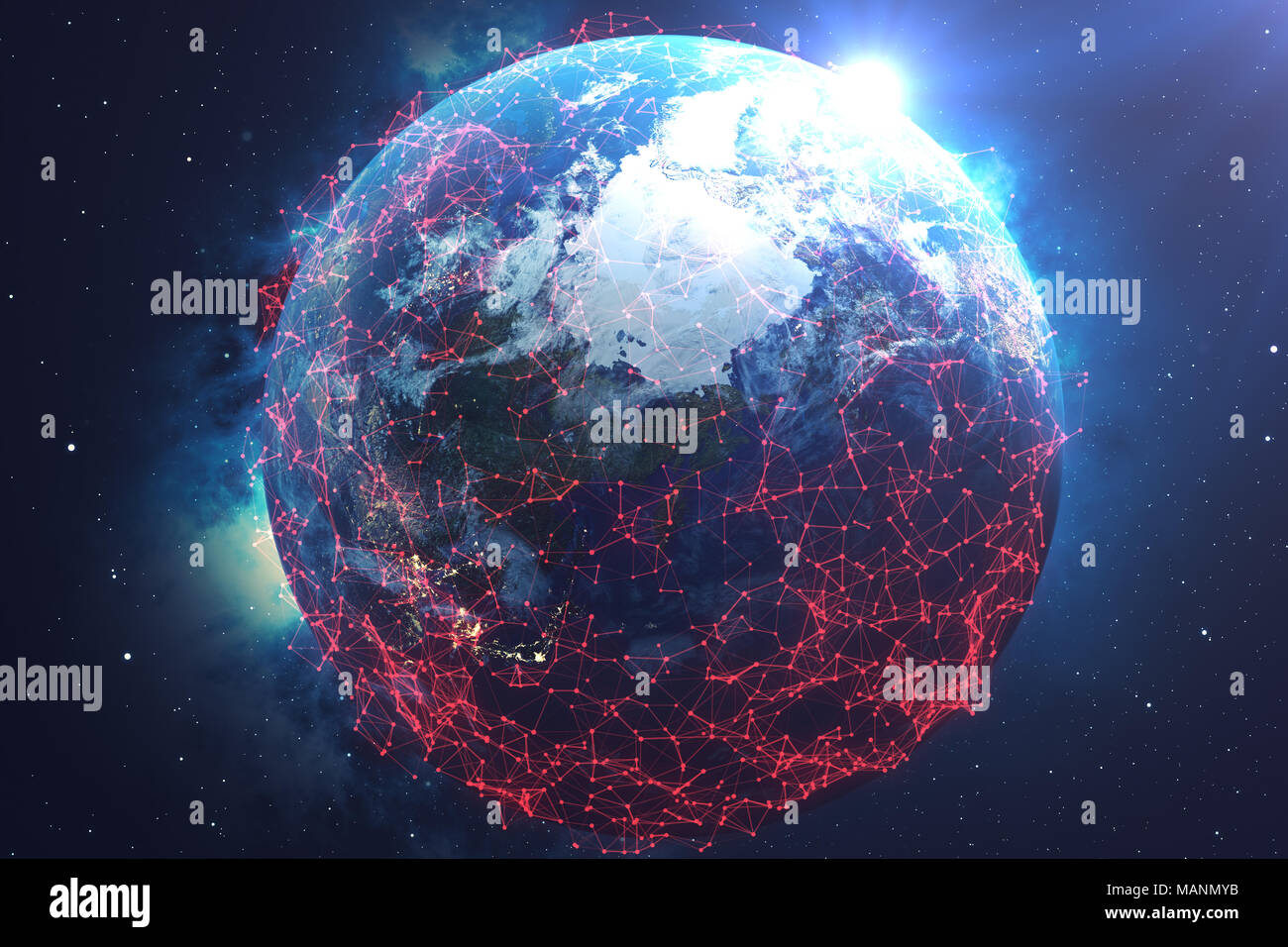3D rendering Network and data exchange over planet earth in space. The ...