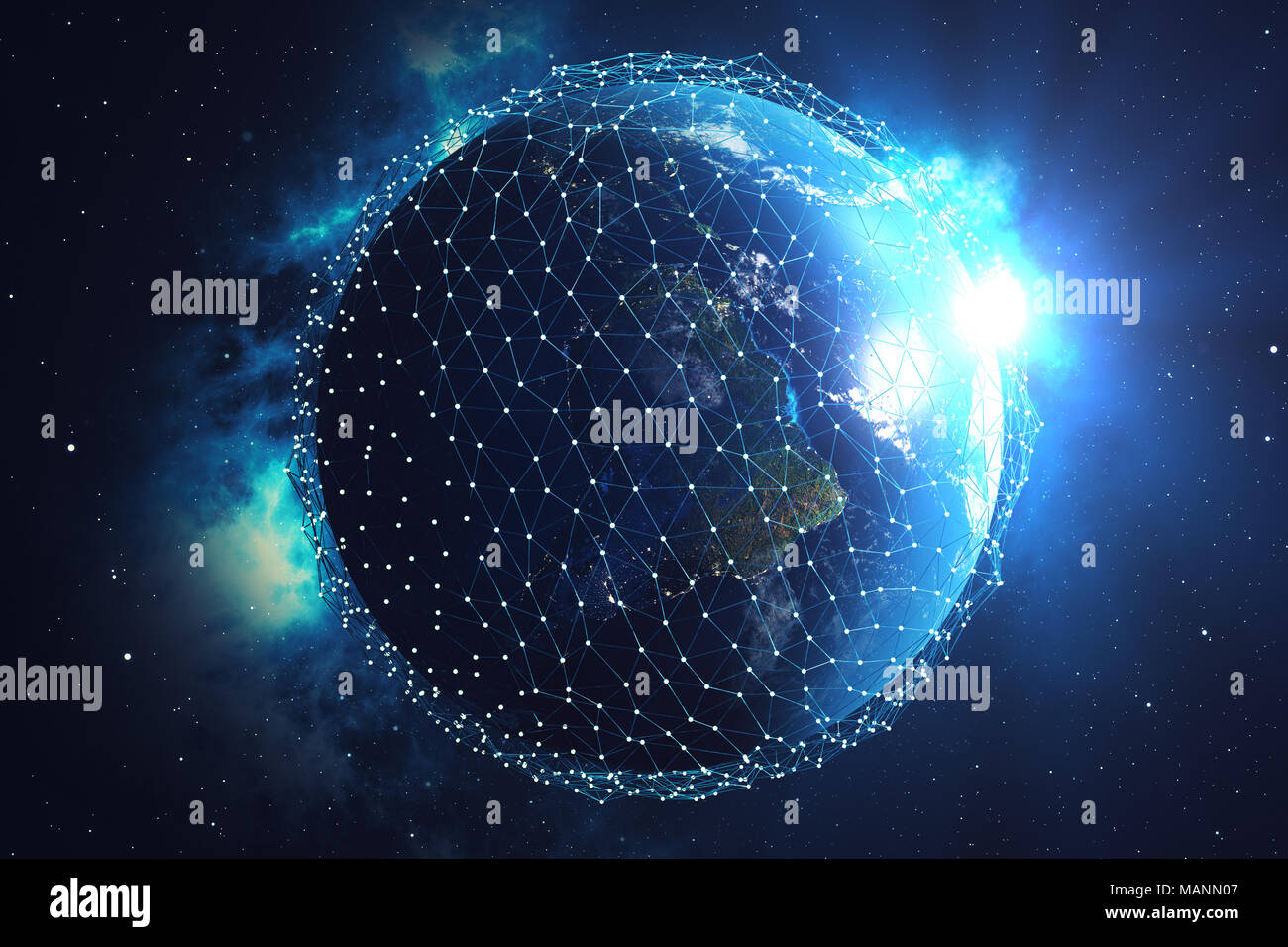 3D rendering Network and data exchange over planet earth in space ...