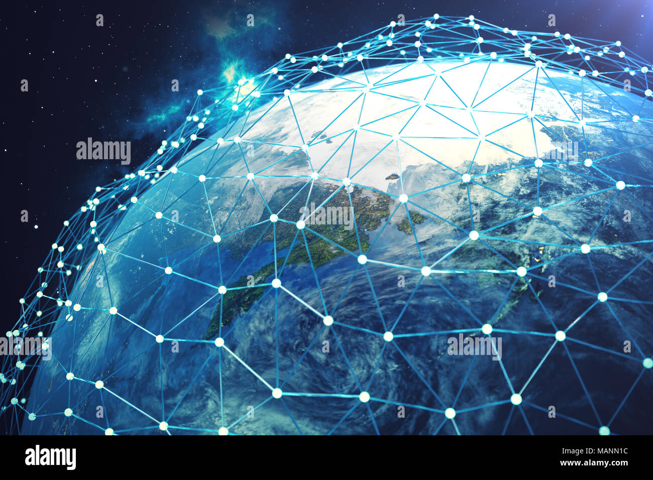 3D rendering Network and data exchange over planet earth in space ...