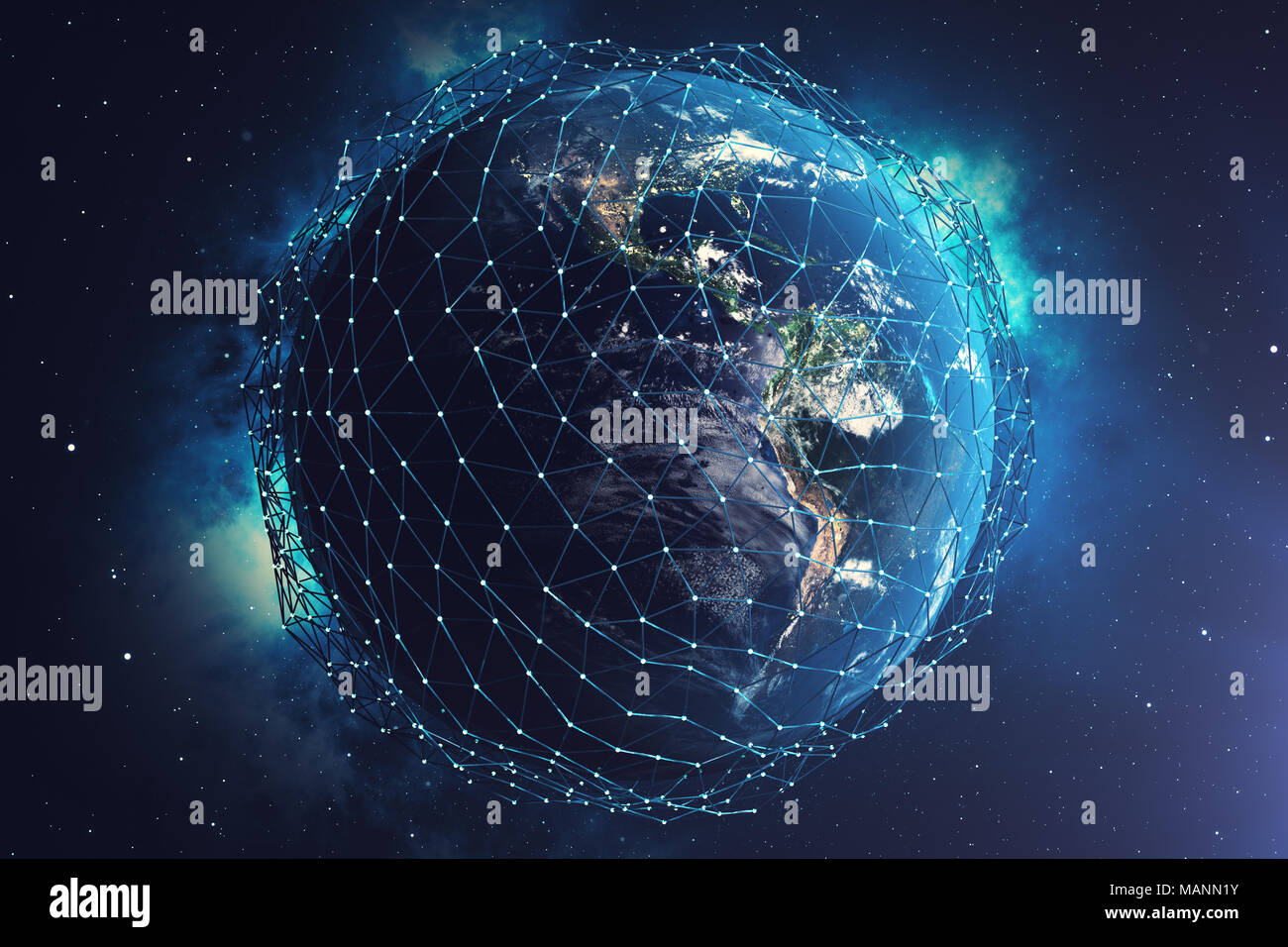 3D rendering Network and data exchange over planet earth in space ...