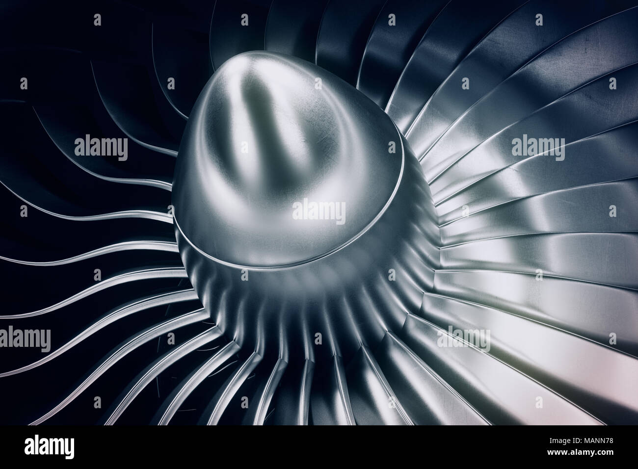 3D Rendering jet engine, close-up view jet engine blades. Blue tint ...