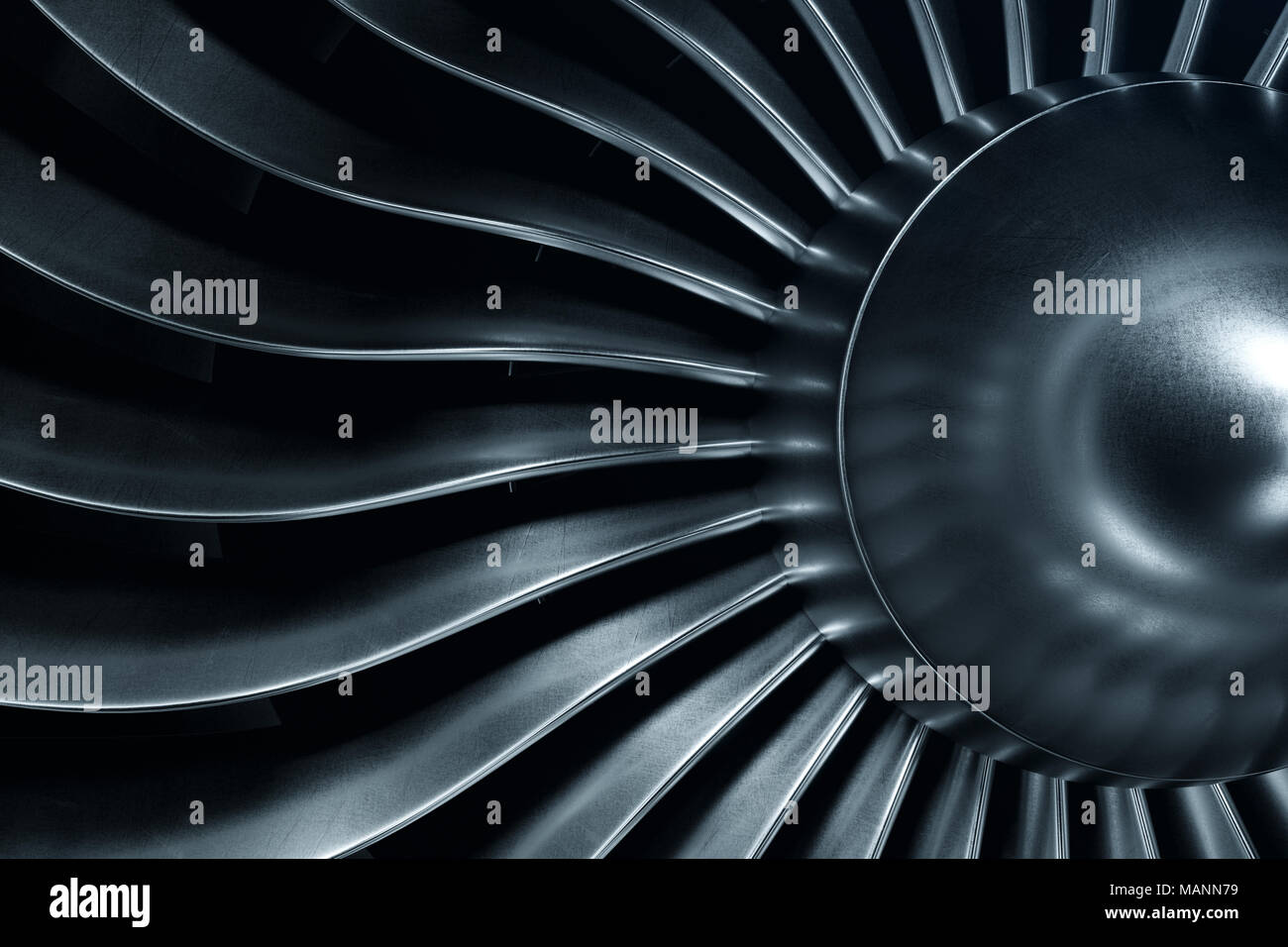 3D Rendering jet engine, close-up view jet engine blades. Blue tint ...