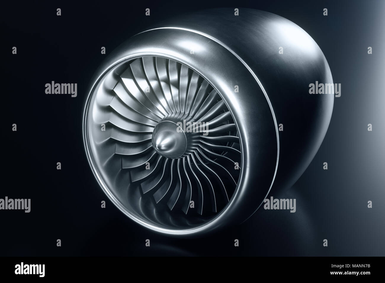 3D Rendering jet engine, close-up view jet engine blades. Blue tint ...