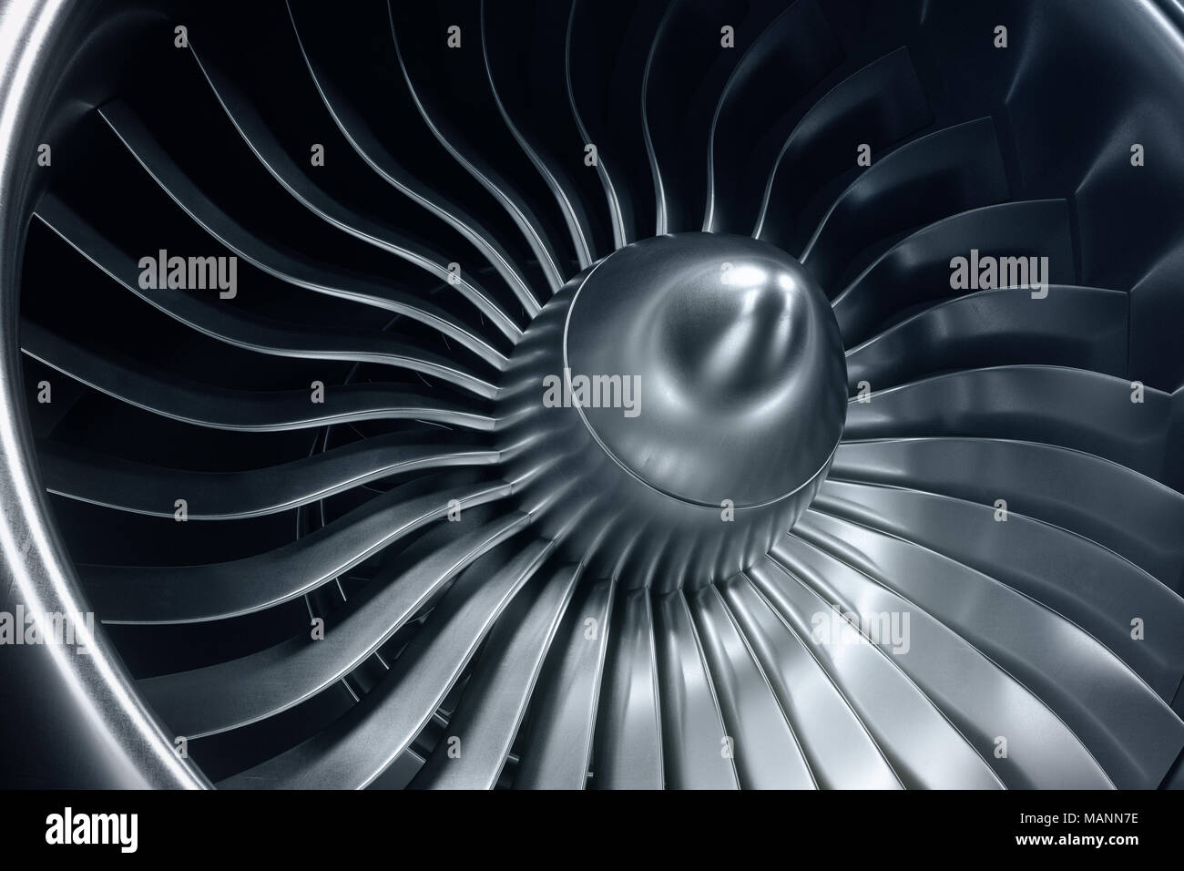 3D Rendering jet engine, close-up view jet engine blades. Blue tint ...