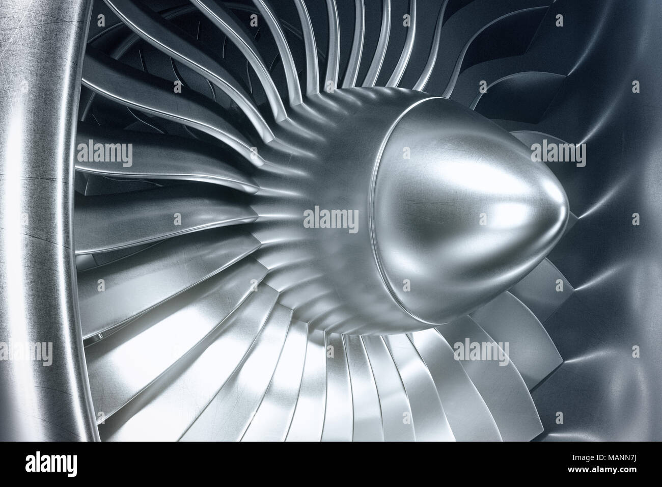 3D Rendering jet engine, close-up view jet engine blades. Blue tint ...