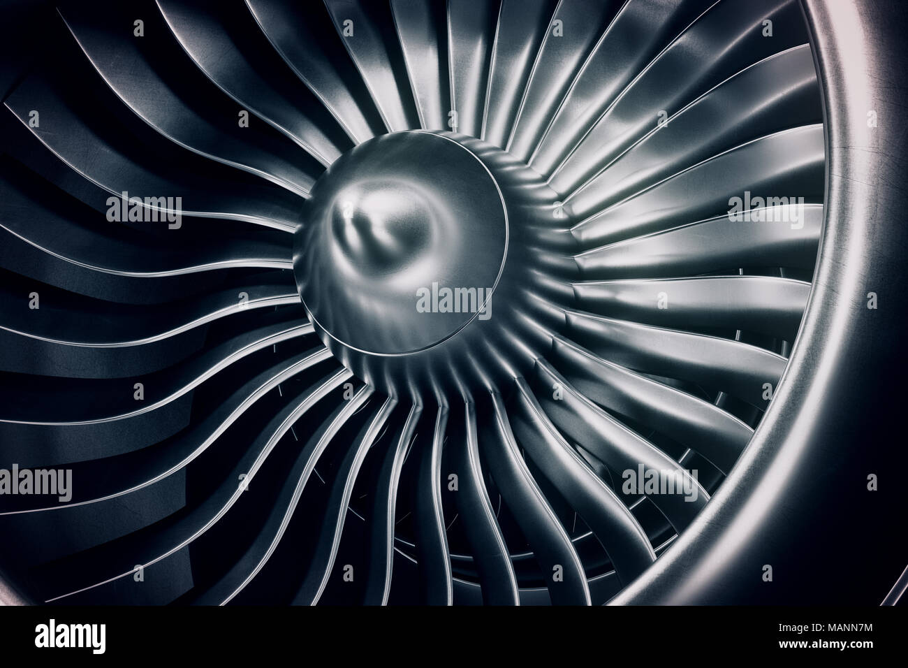 3D Rendering jet engine, close-up view jet engine blades. Blue tint ...
