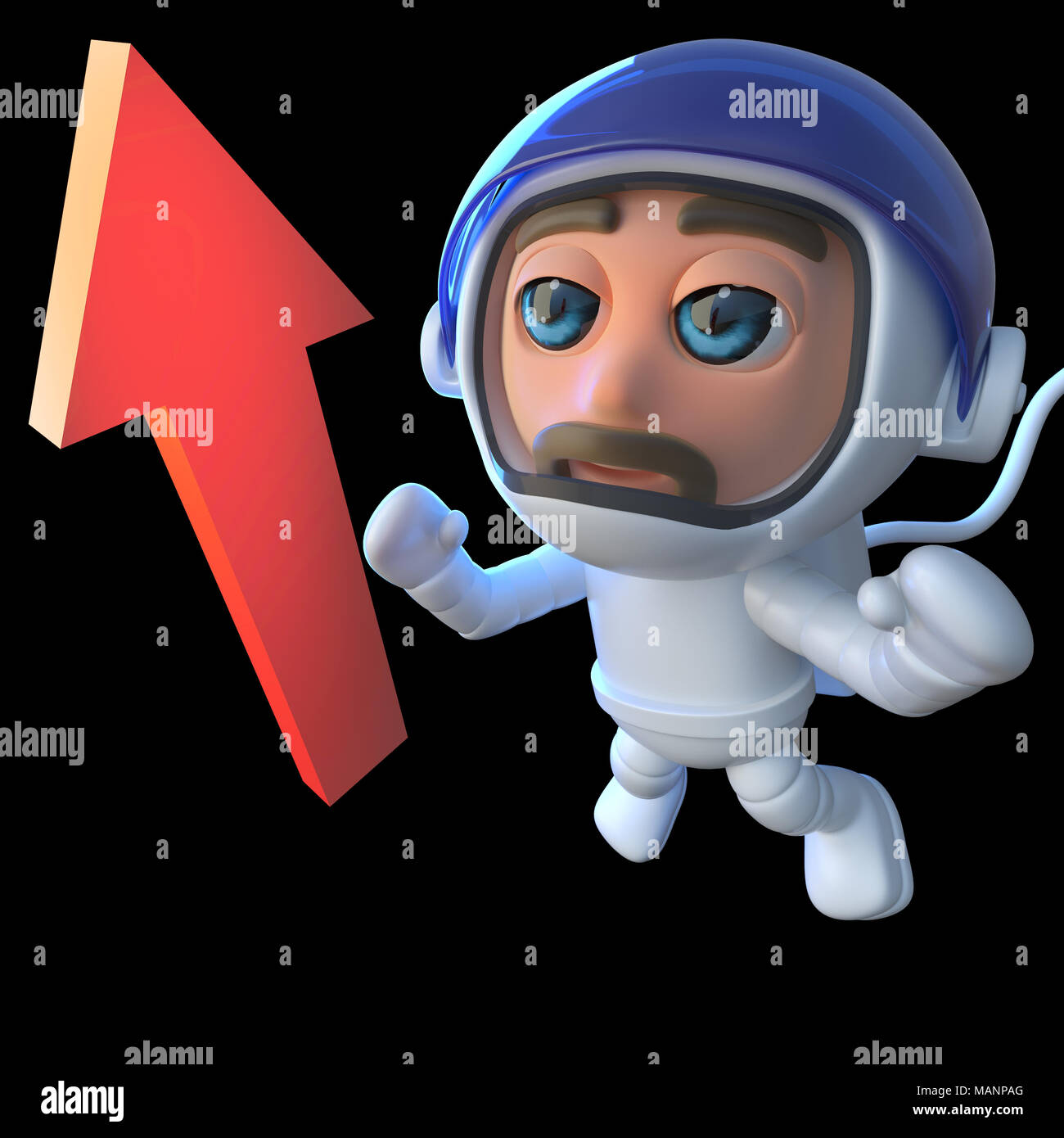 3d render of a funny cartoon spaceman astronaut looking at an arrow in ...