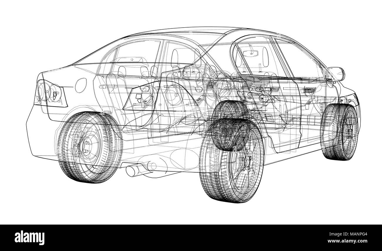 Concept car blueprint. 3d illustration. Wire-frame style Stock Photo ...