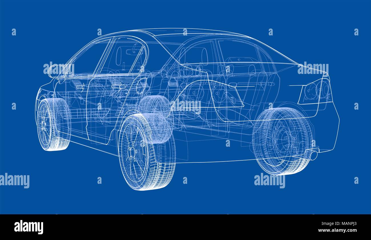 Concept car blueprint. 3d illustration. Wire-frame style Stock Photo ...