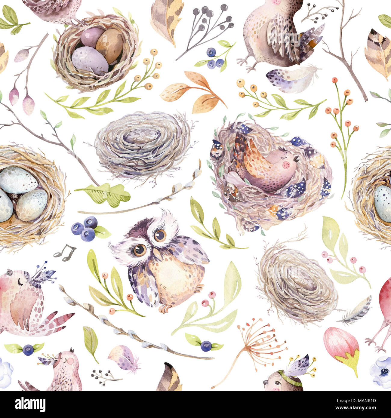 Watercolor spring rustic pattern with nest, birds, branch,tree twigs ...