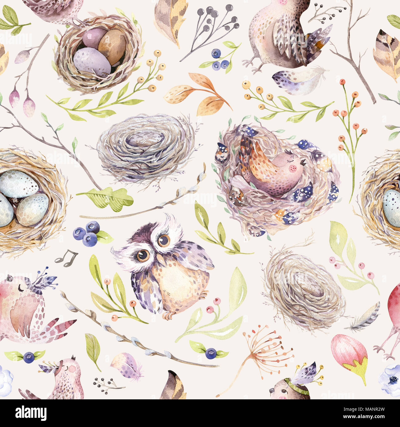 Watercolor spring rustic pattern with nest, birds, branch,tree twigs ...