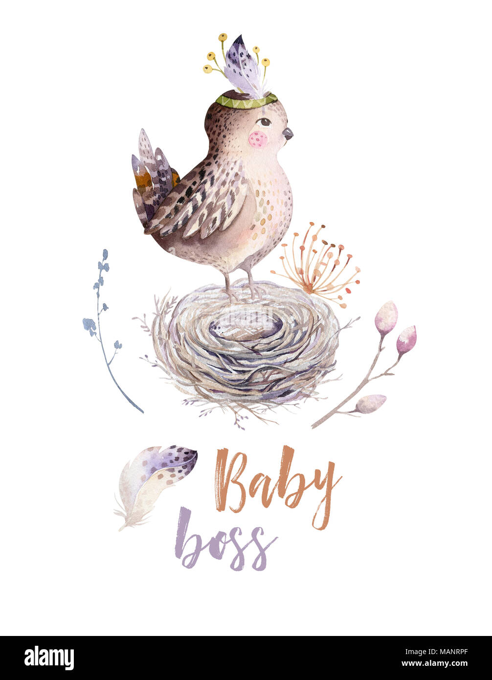 Hand drawing easter watercolor flying cartoon bird and eggs with leaves ...
