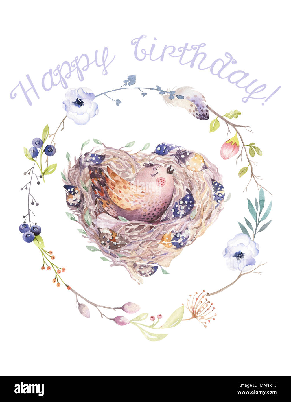 Hand drawing easter watercolor flying cartoon bird and eggs with leaves ...