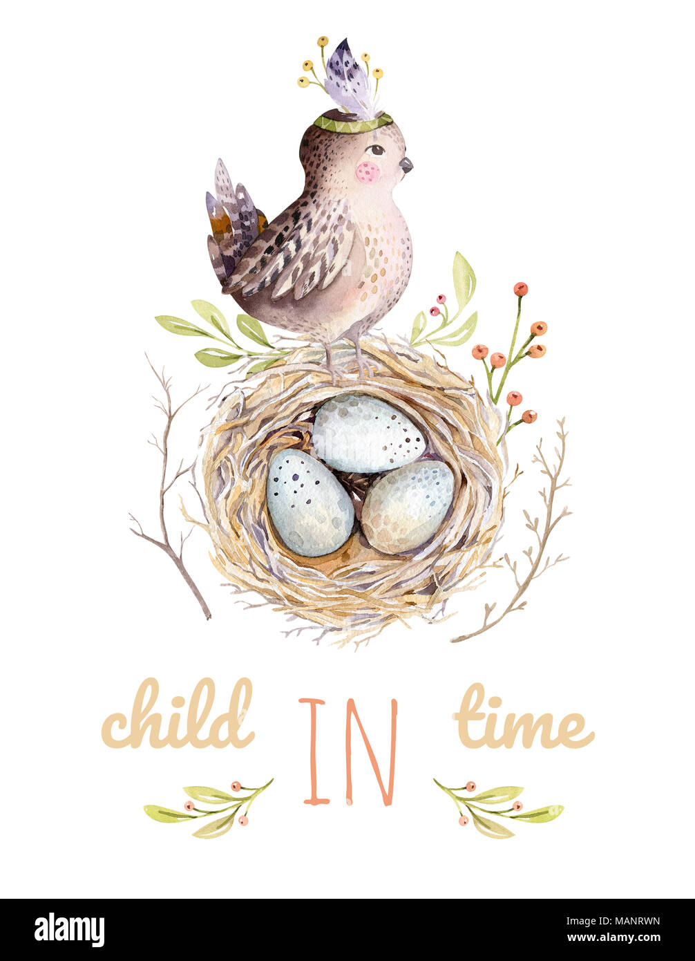 Hand drawing easter watercolor flying cartoon bird and eggs with leaves ...