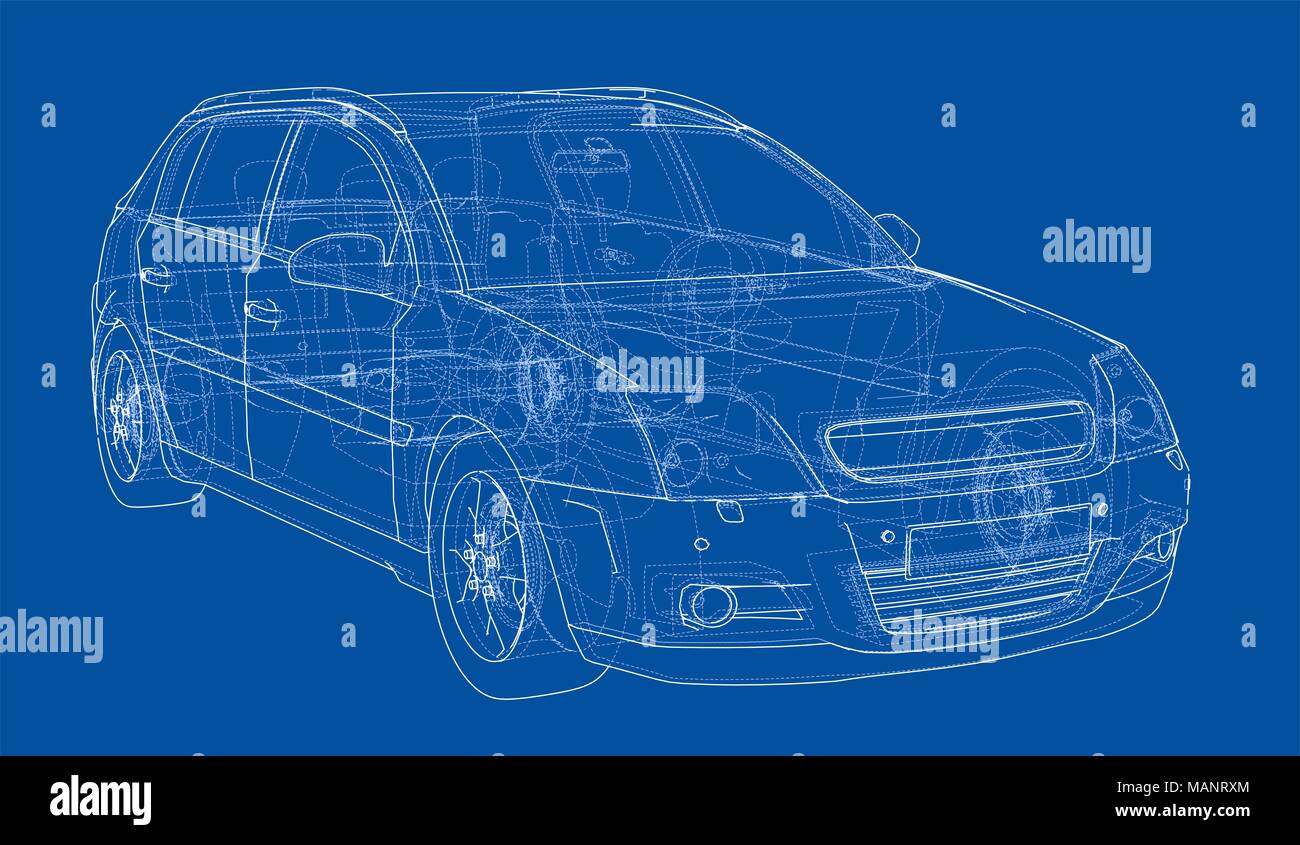 Concept car blueprint. 3d illustration. Wire-frame style Stock Photo ...