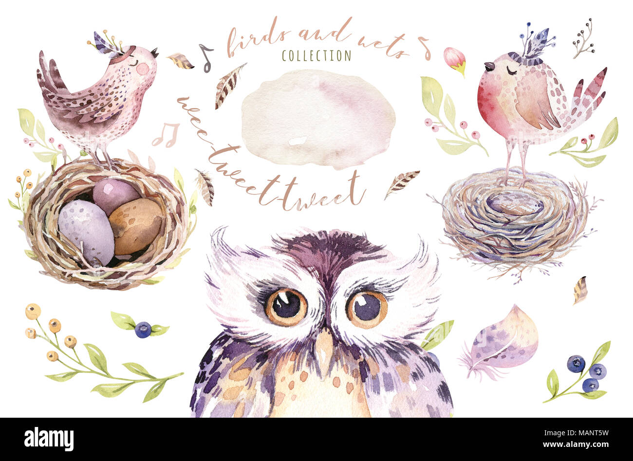 Hand drawing easter watercolor flying cartoon bird and eggs with leaves ...