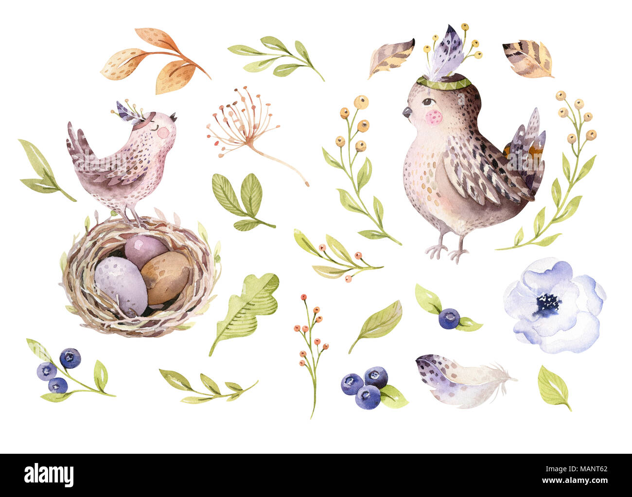 Hand drawing easter watercolor flying cartoon bird and eggs with leaves ...