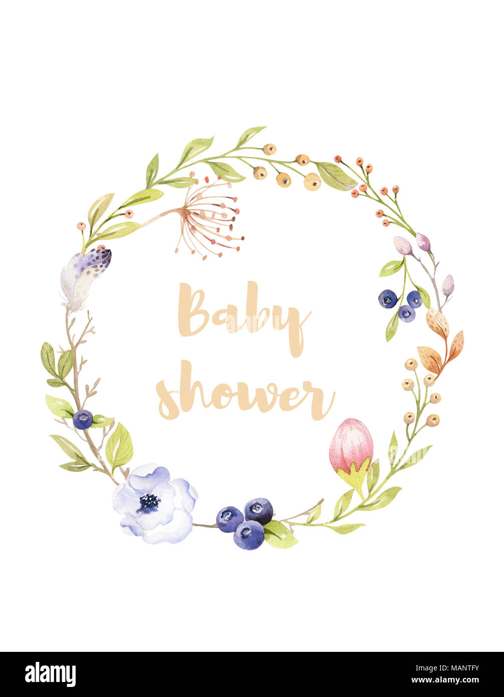 Watercolor boho floral wreath. Bohemian natural frame: leaves, feathers ...