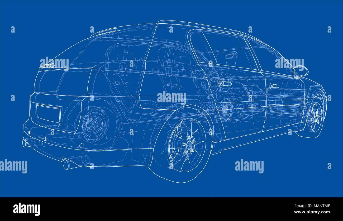 Concept car blueprint. 3d illustration. Wire-frame style Stock Photo ...