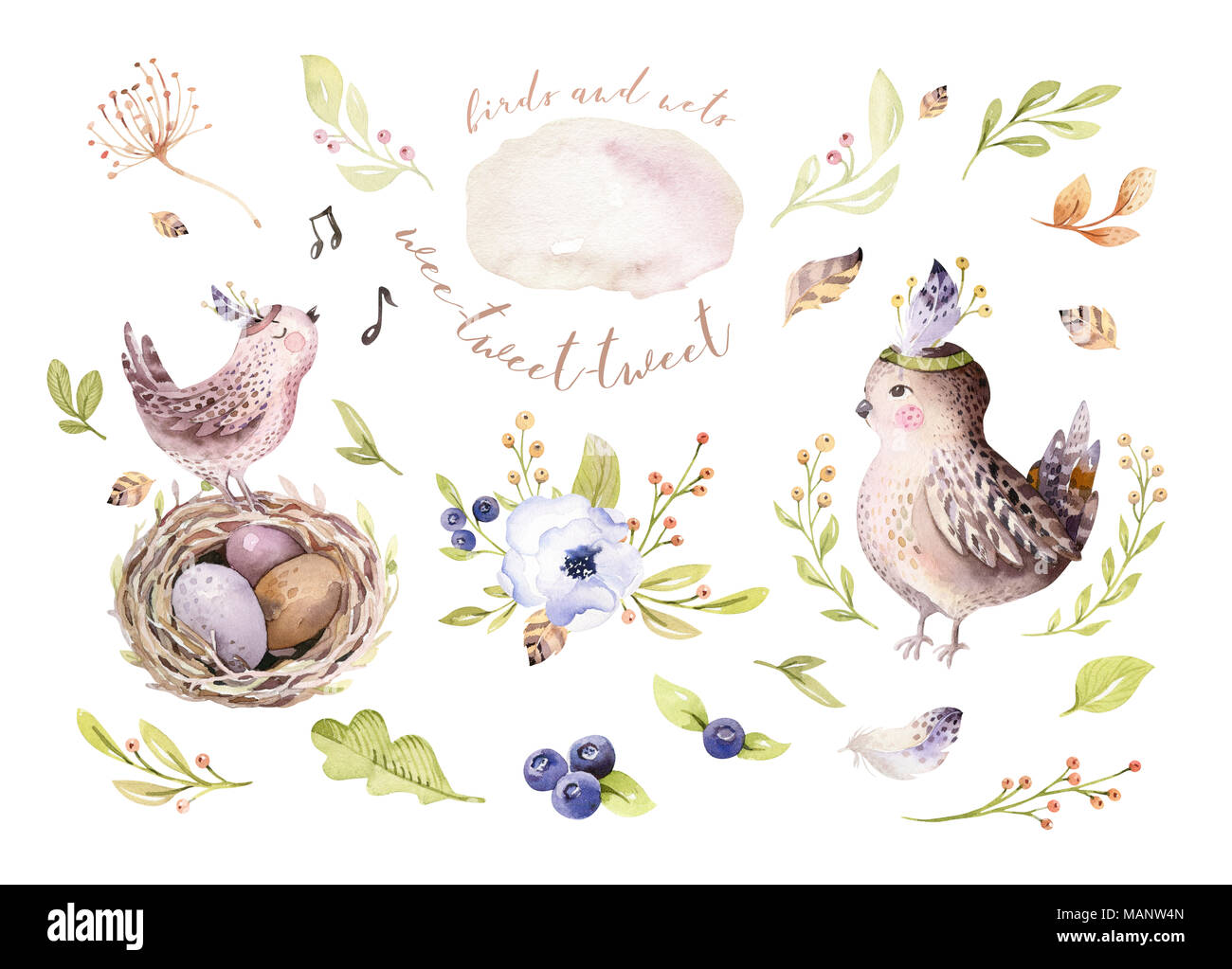 Hand drawing easter watercolor flying cartoon bird and eggs with leaves ...